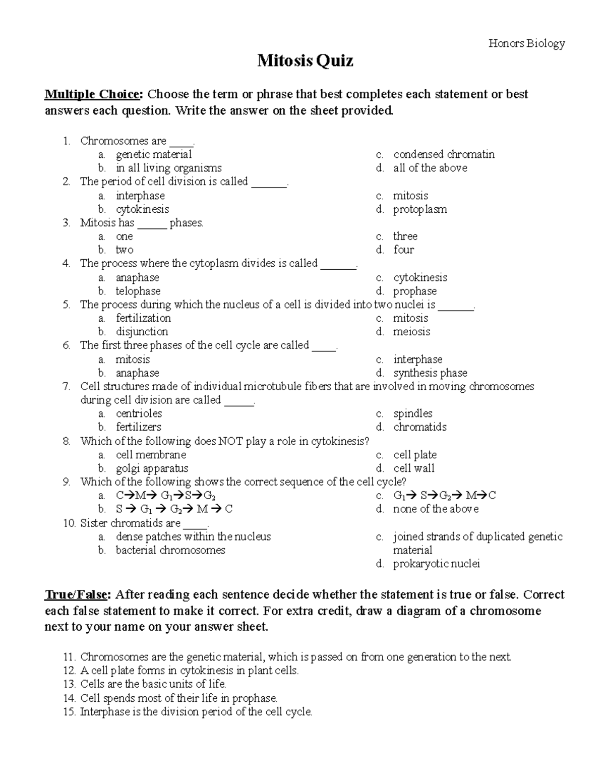 Mitosis Quiz - Practice quiz - Honors Biology Mitosis Quiz Multiple ...