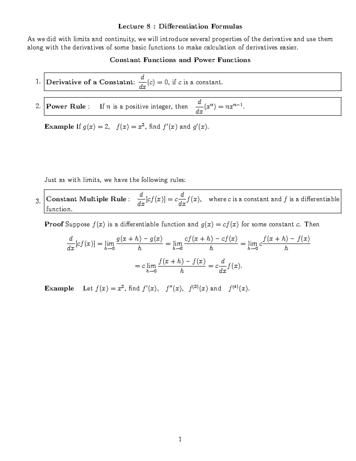 8. Differentiation Formulas - Lecture 8 : Differentiation Formulas As ...