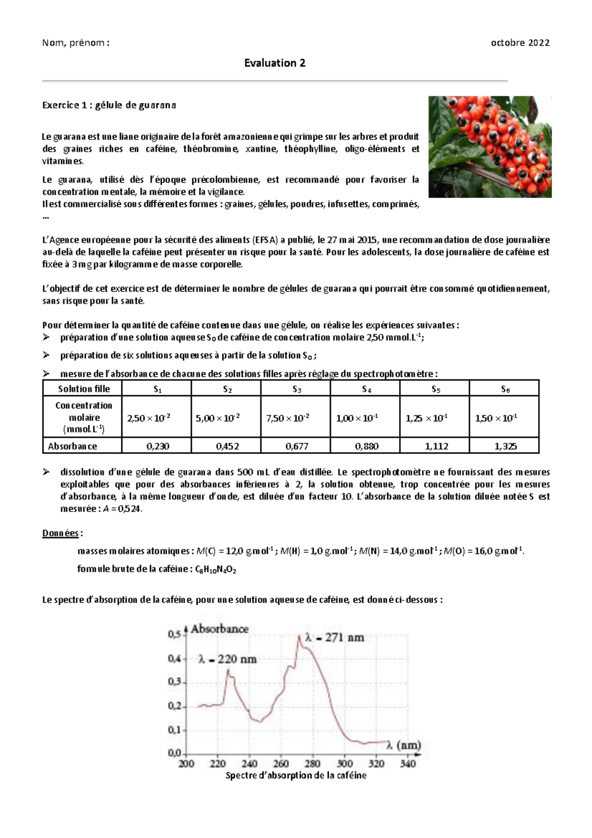 2- étalonnage-GP(2022) - Nom, prénom : octobre 2022 Evaluation 2 Exercice 1 : gélule de guarana ...