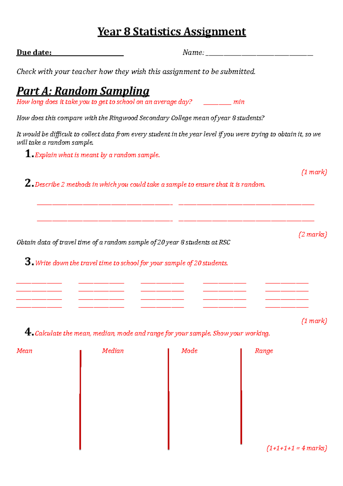 2018 Year 8 Statistics Assignment V 2 - Year 8 Statistics Assignment ...