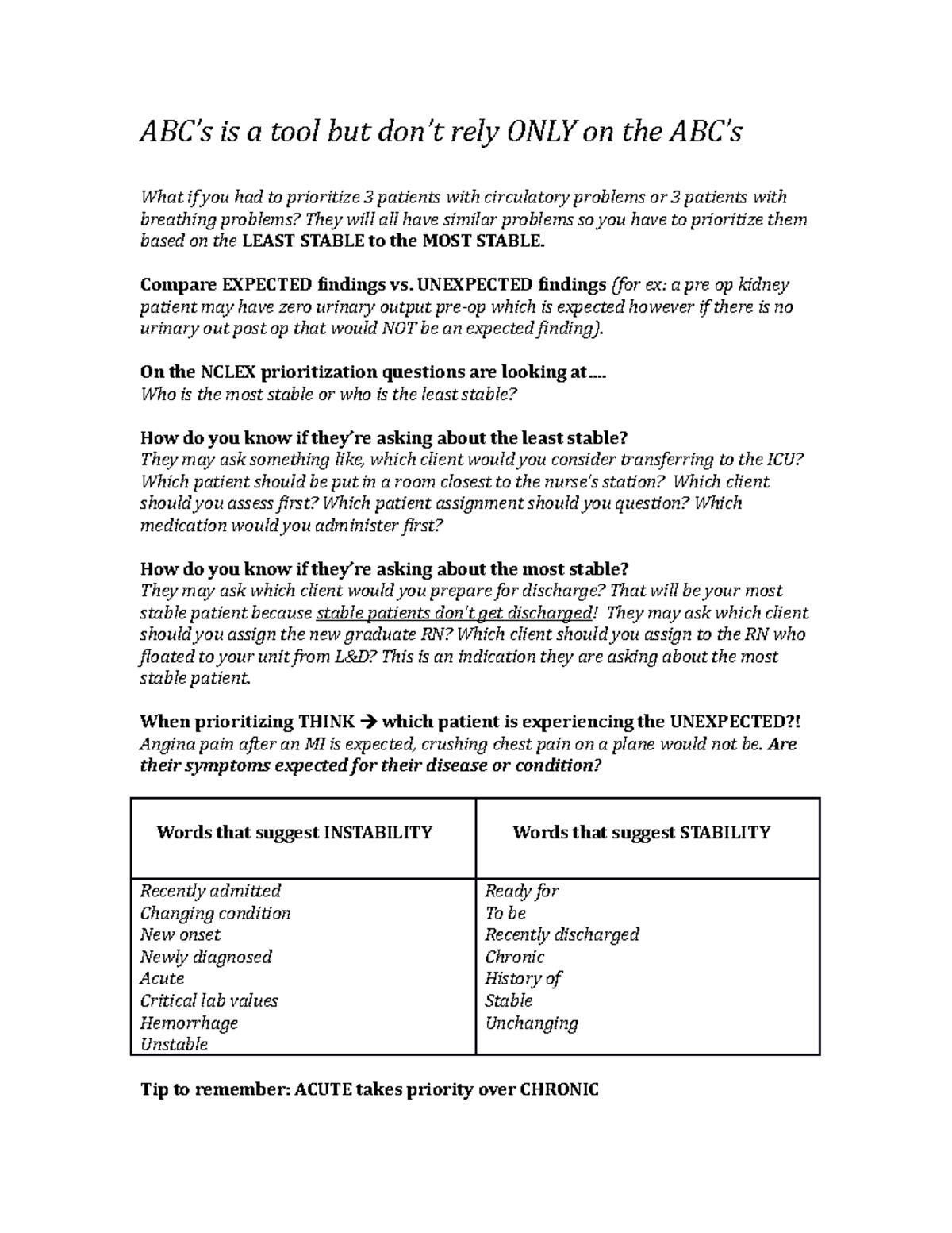Prioritization Tips - NCLEX tips - ABC’s is a tool but don’t rely ONLY ...