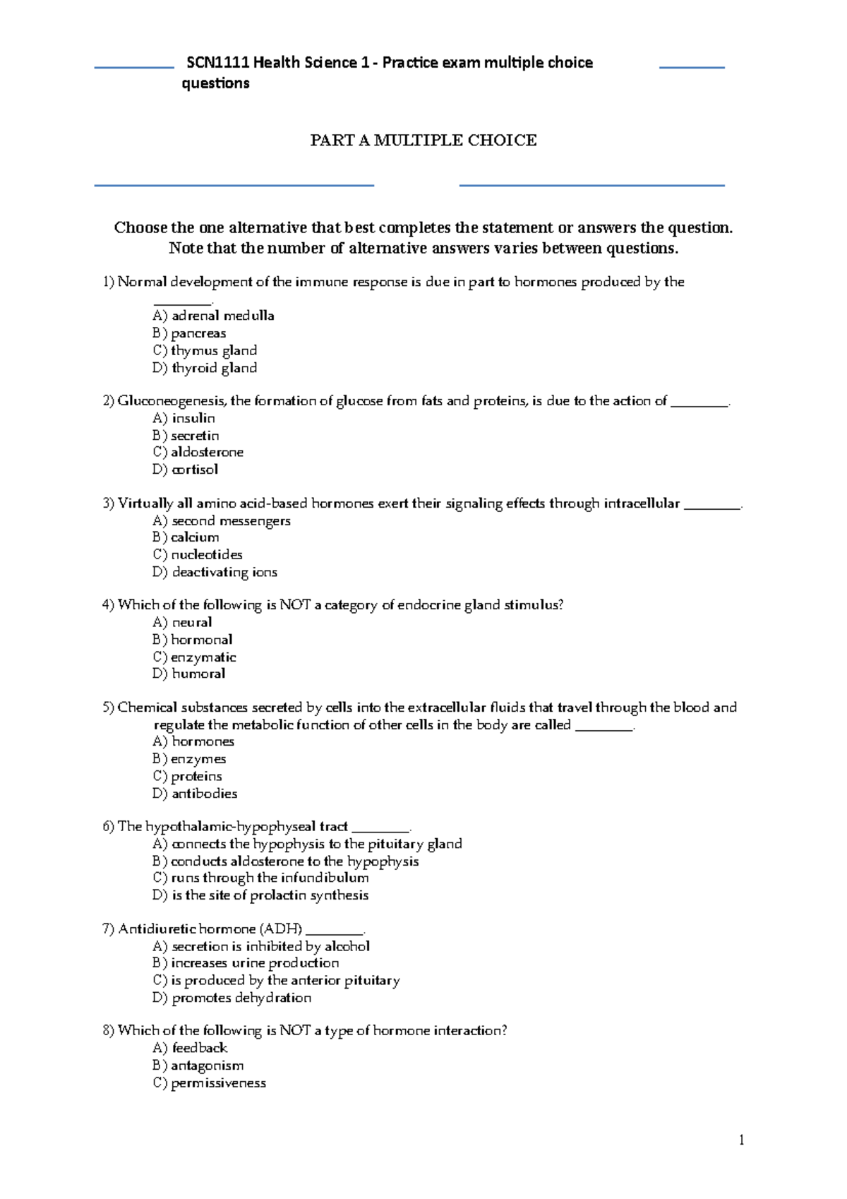 Practice exam 22 June, questions and answers - SCN1111 Health Science 1 ...