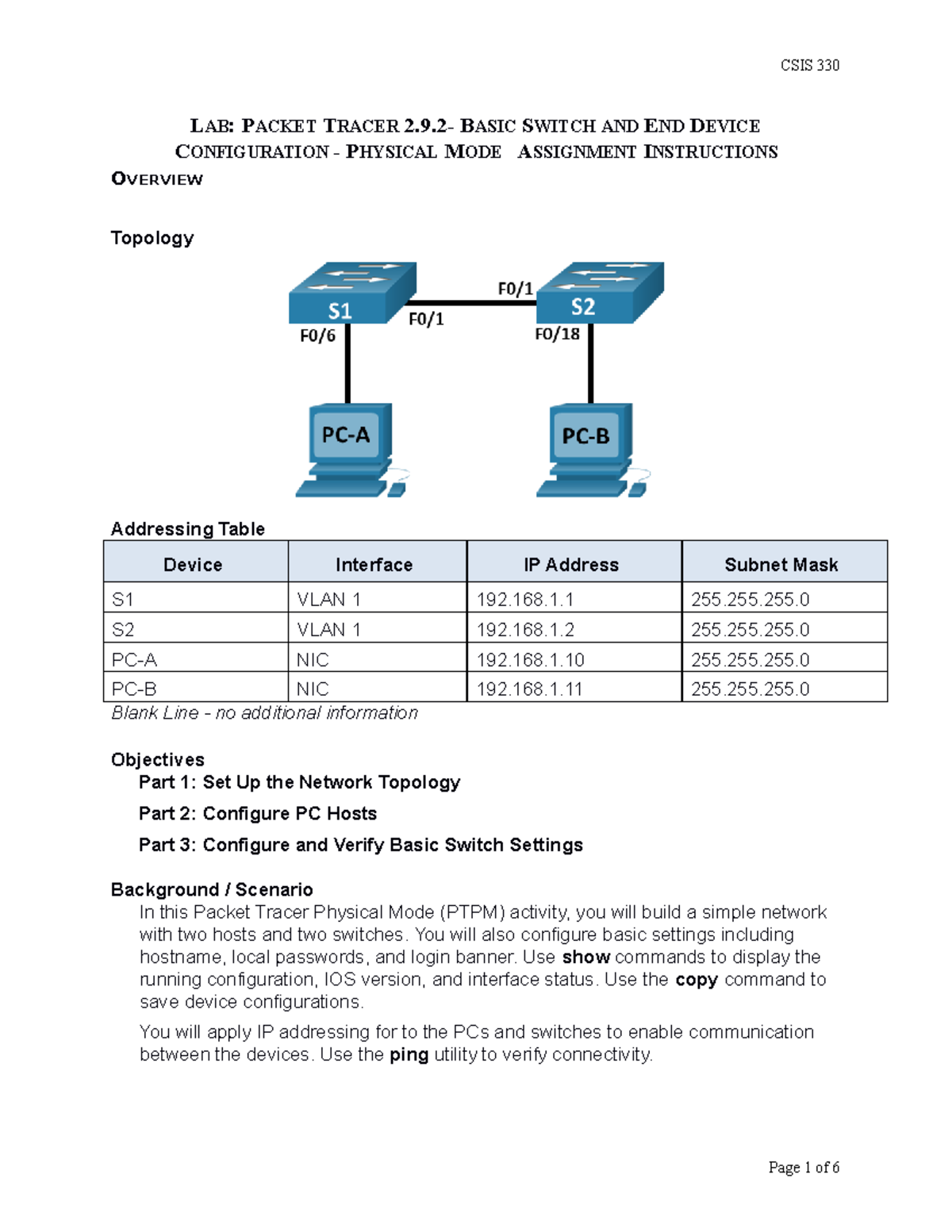 Lab Packet Tracer 292 Basic Switch And End Device Configuration Physical Mode Assignment