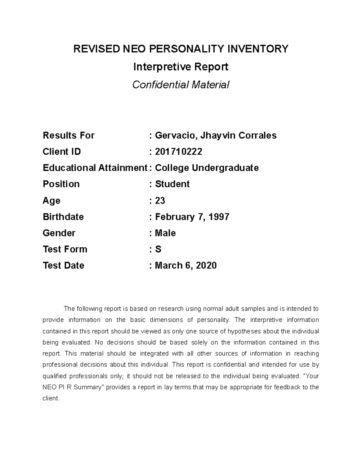 Interpretive- Report - BS Psychology - Studocu