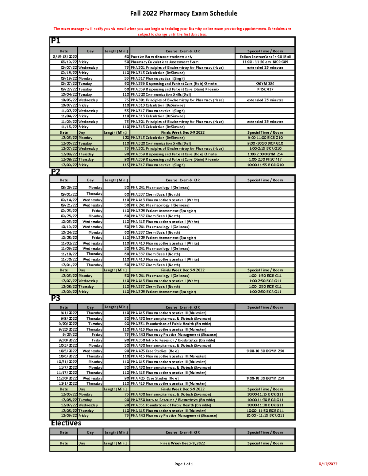 Pharmacy Exam Schedule Fall 2022 - Fall 2022 Pharmacy Exam Schedule P ...