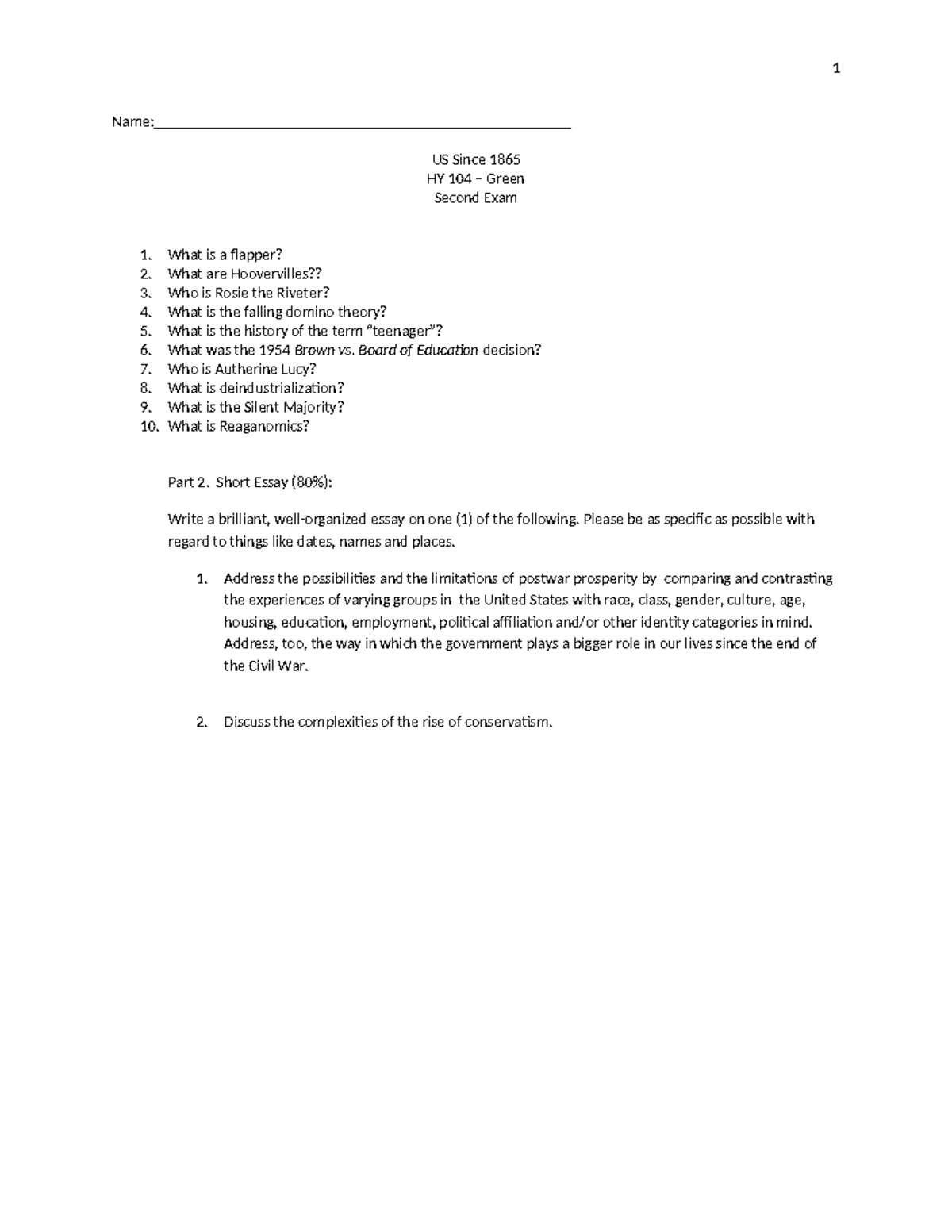 Study Guide - HY 104 Second Exam (1) - 1 Name