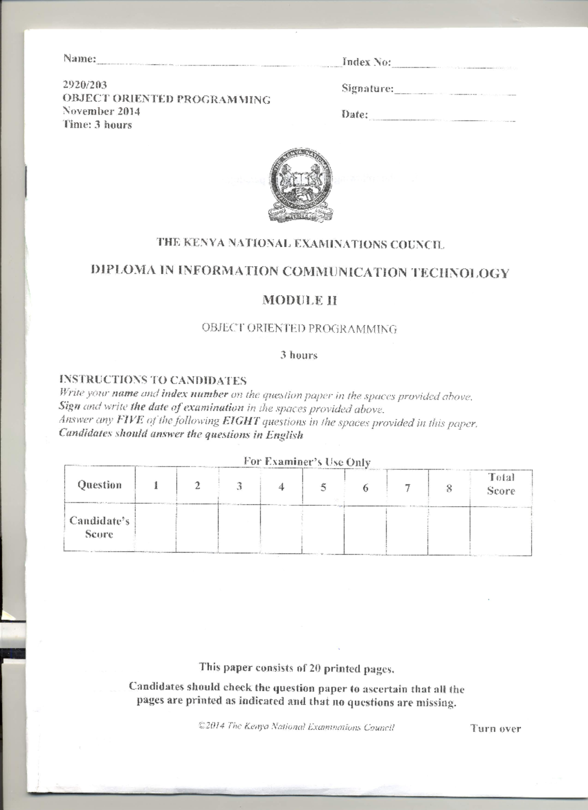 Object oriented programming Nov 2014 - Computer science - Studocu