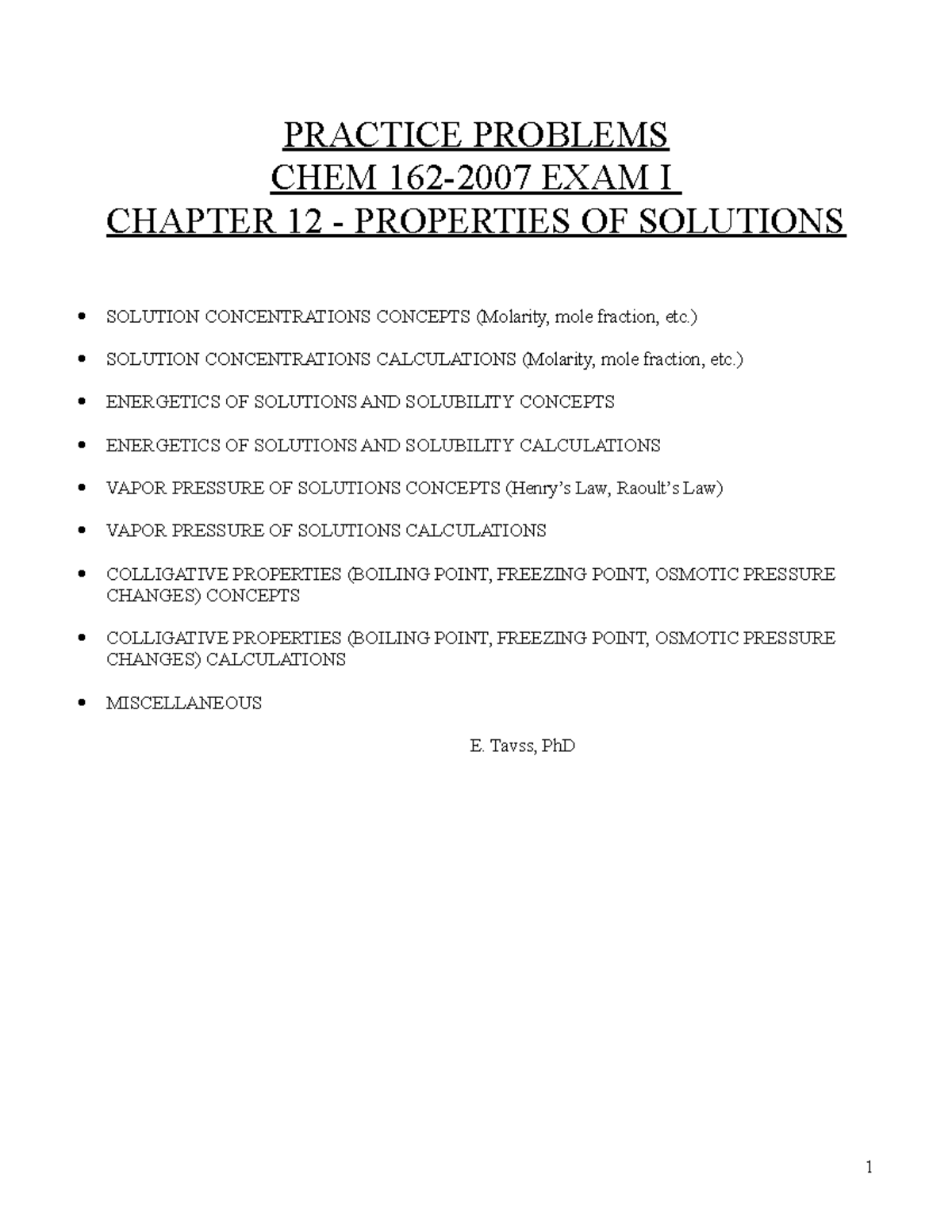 Old exam problems ch. 12 - PRACTICE PROBLEMS CHEM 162-2007 EXAM I ...