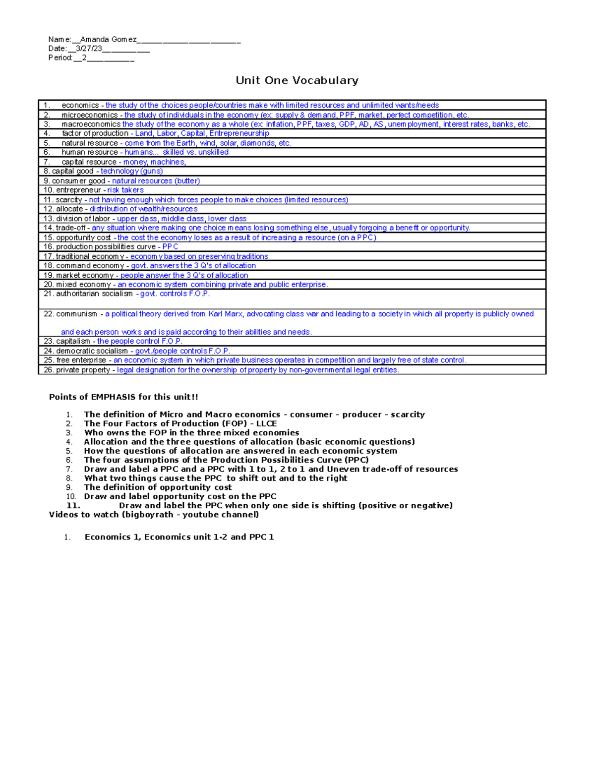 Unit one vocabulary - economics - Name:Amanda Gomez ...