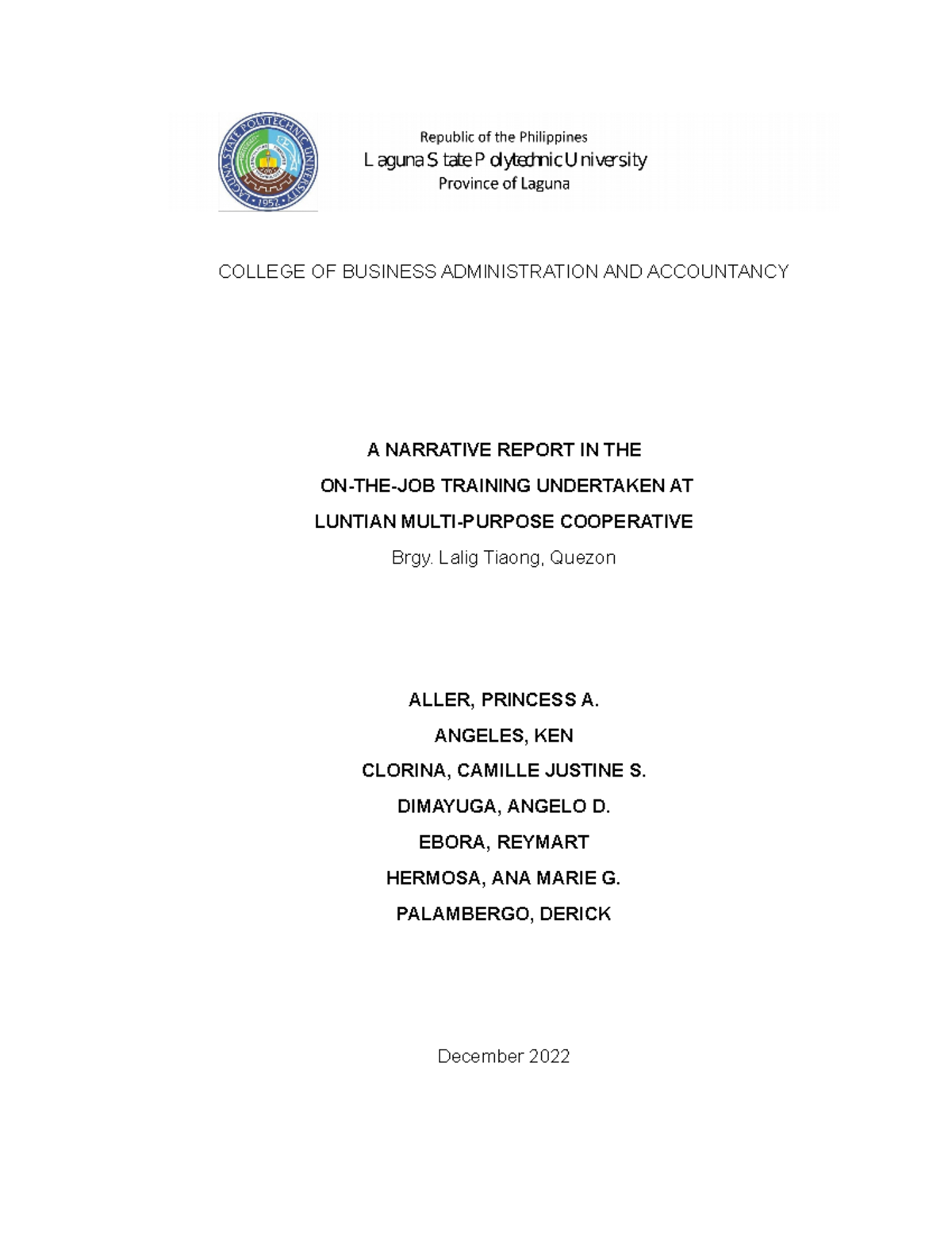 Narrative-Report - A narrative report in OJT - COLLEGE OF BUSINESS ...