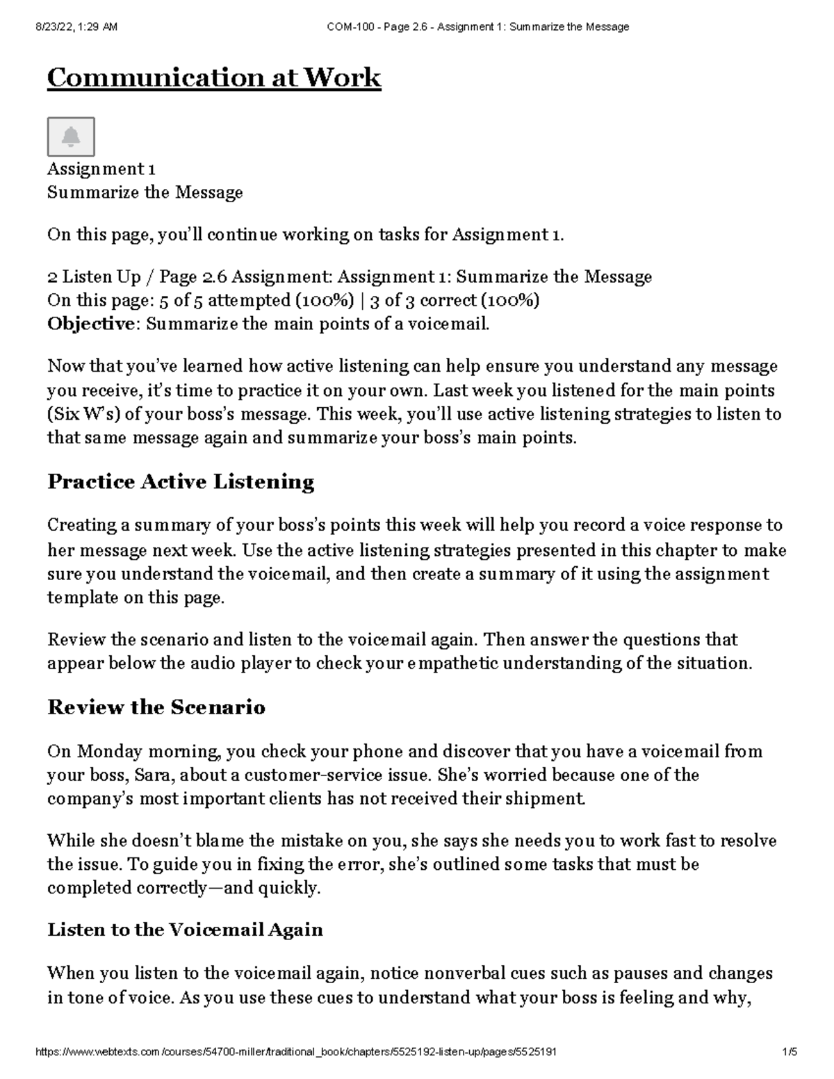 COM-100 - Page 2.6 - Assignment 1 Summarize the Message - Communication ...