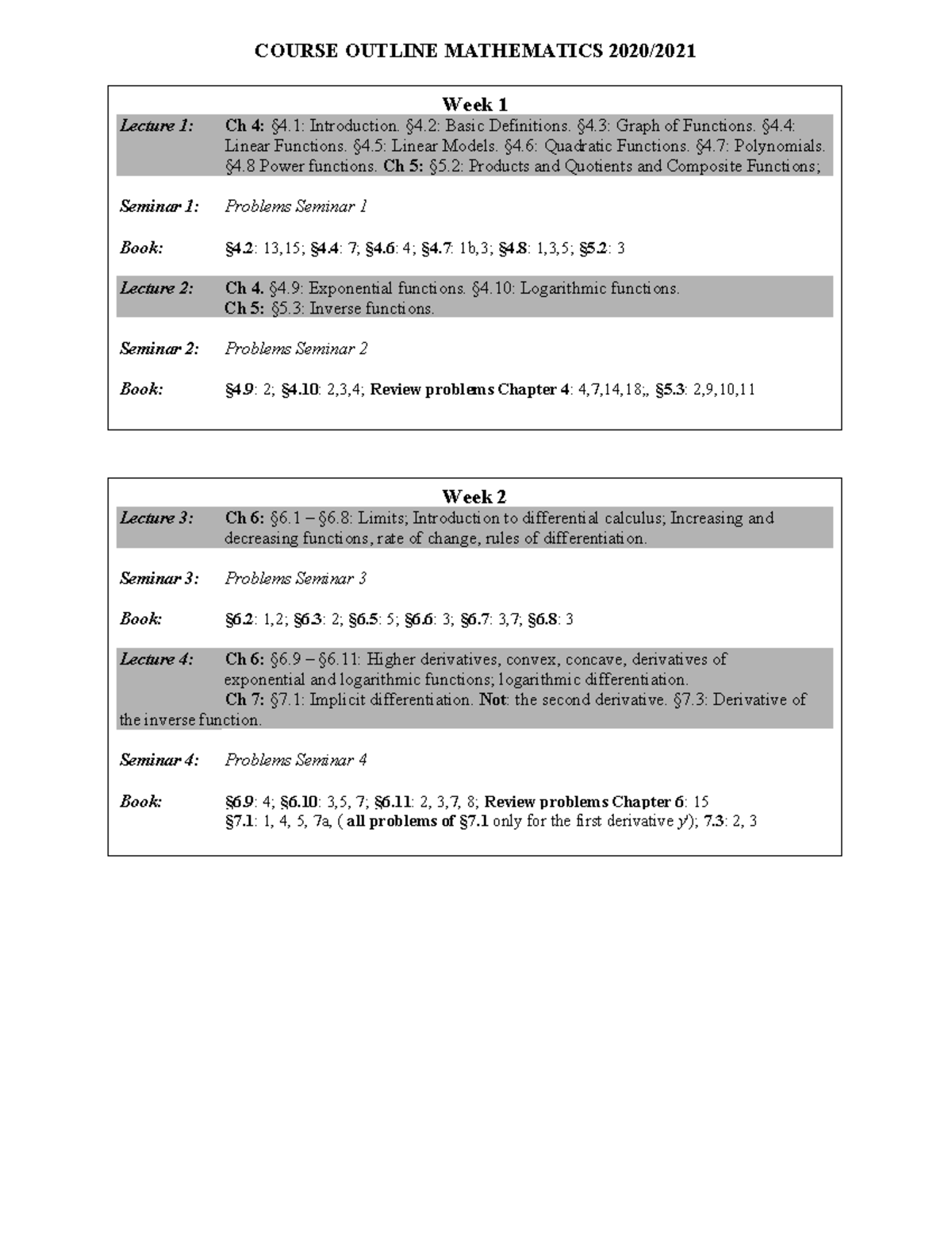 Course Outline Mathematics 1 for Economics 2020-2021 - COURSE OUTLINE ...