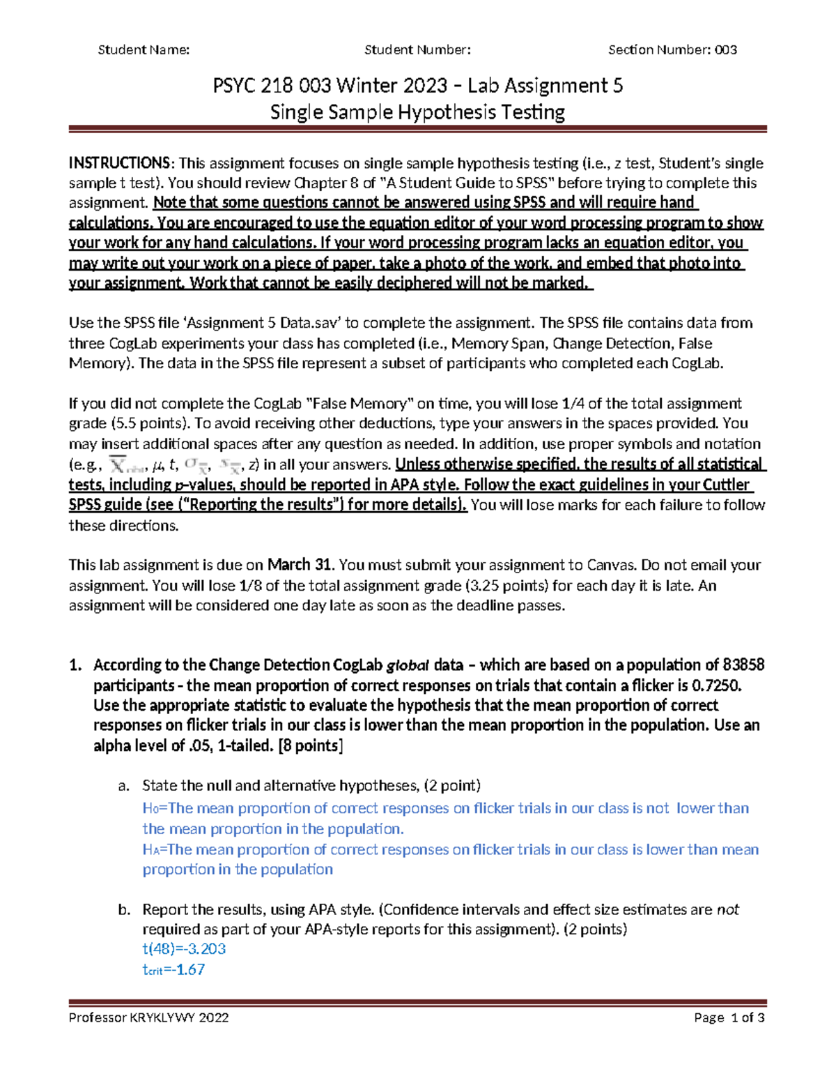 PSYC 218 003 2023 Assignment 5 - PSYC 218 003 Winter 2023 – Lab Assignment 5 Single Sample - Studocu