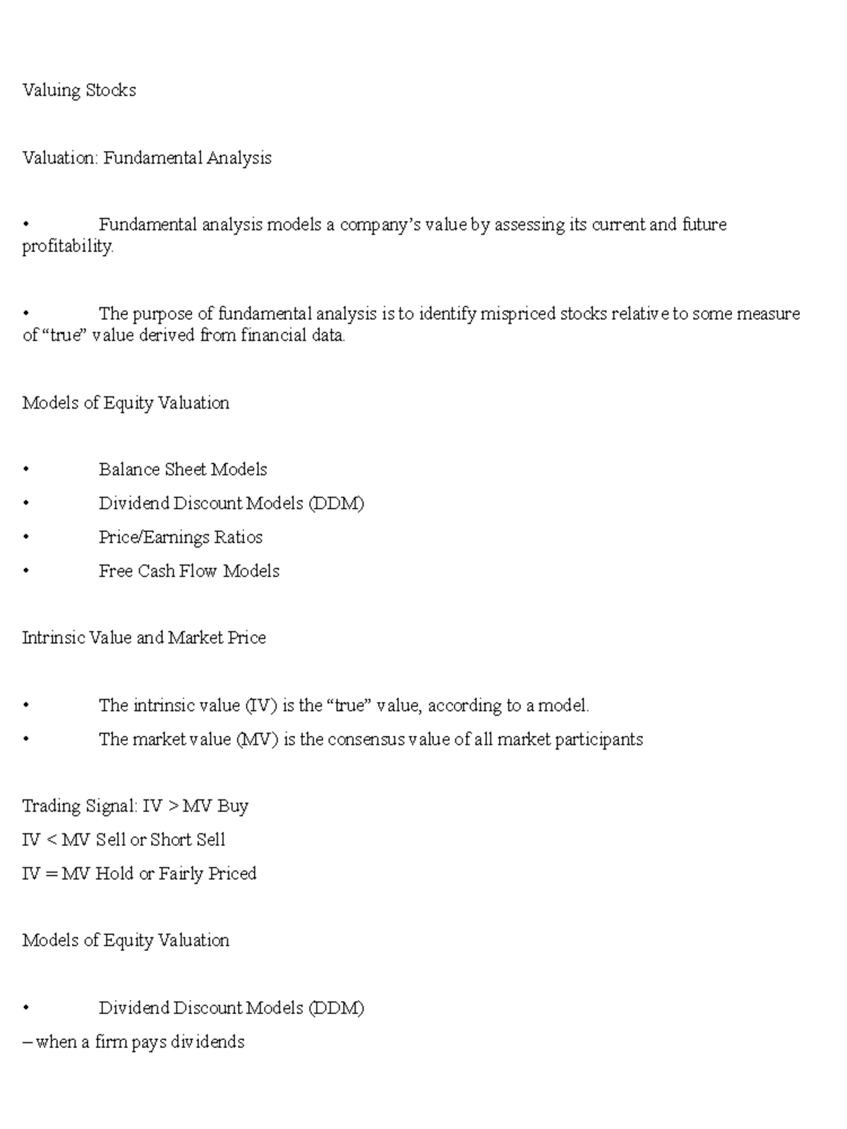 8 Stock Valuation - Notes - Valuing Stocks Valuation: Fundamental ...