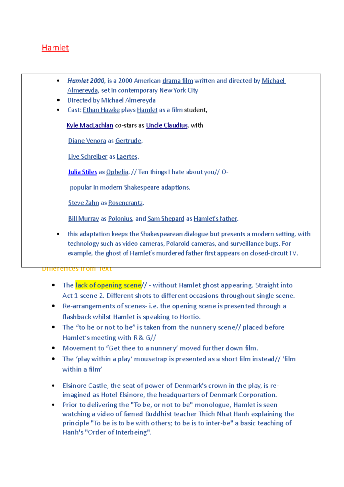 Hamlet - Dr Ramona Wray - Hamlet Differences from Text The lack of ...