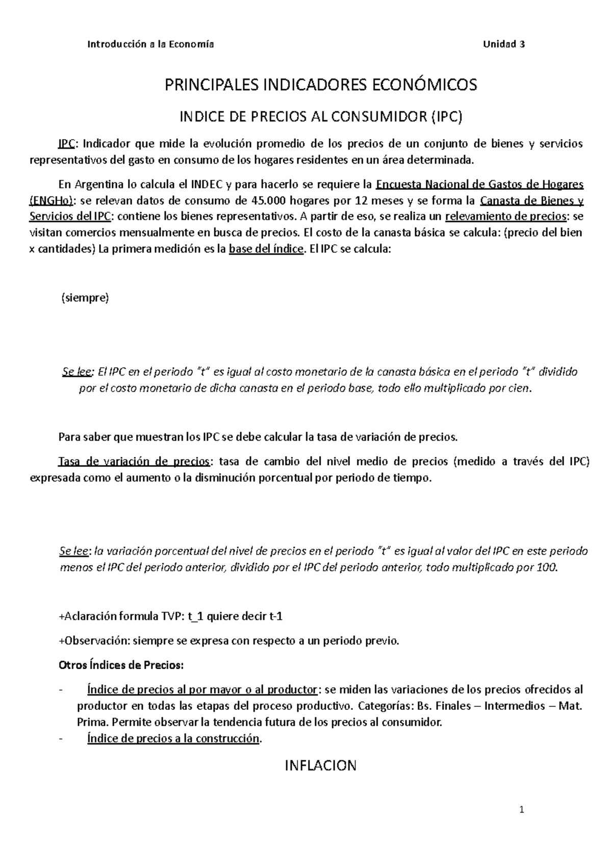 Resumen de U3 - admin - PRINCIPALES INDICADORES ECONÓMICOS INDICE DE PRECIOS AL CONSUMIDOR (IPC ...