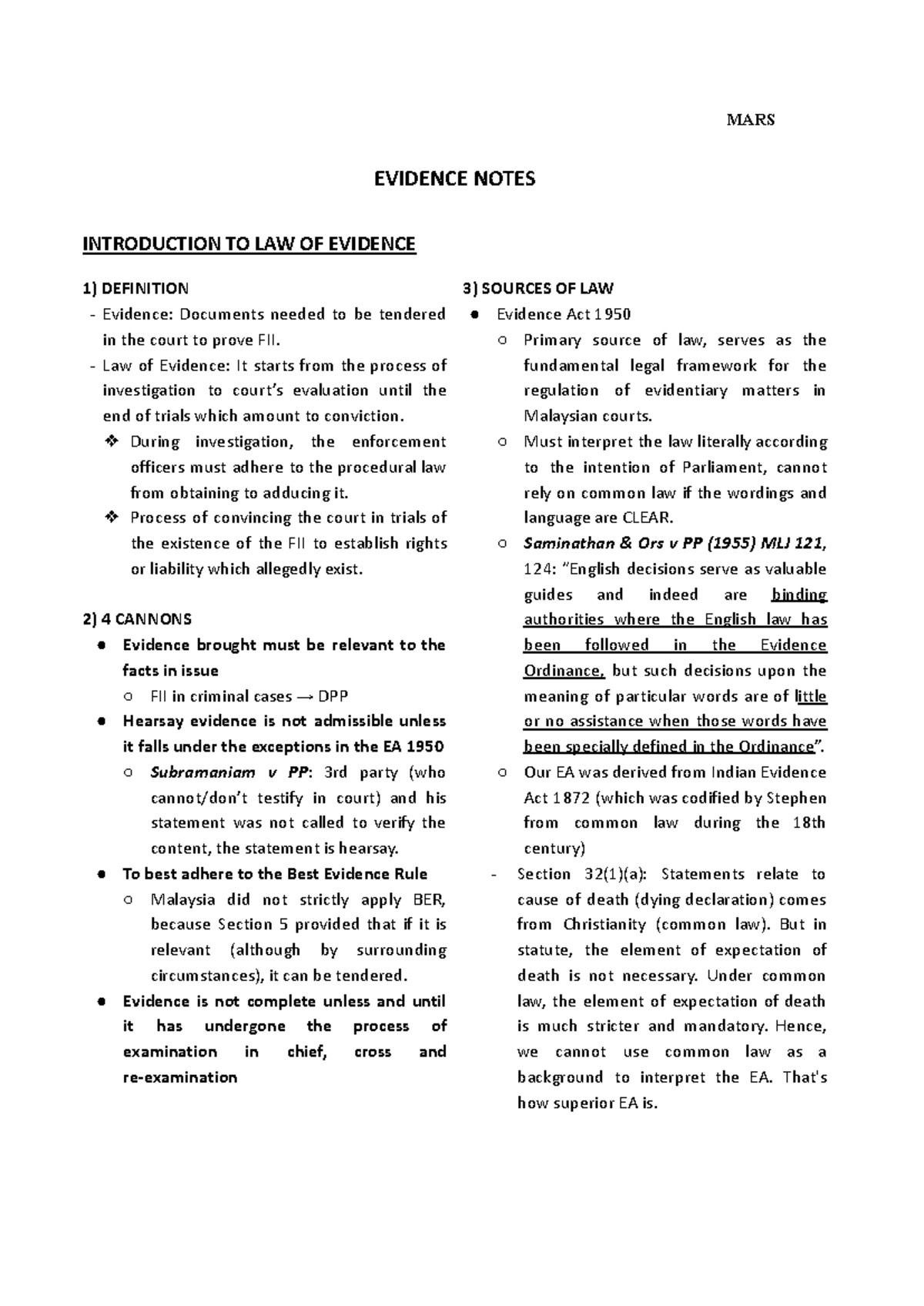 Evidence Notes MARS - read with guidance of lecturer - EVIDENCE NOTES ...