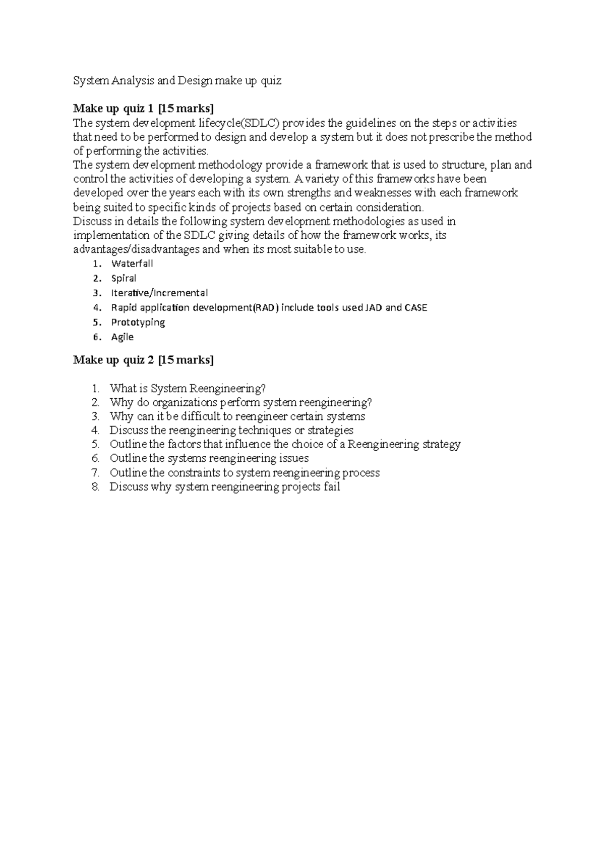 Make up quiz - quiz - System Analysis and Design make up quiz Make up ...