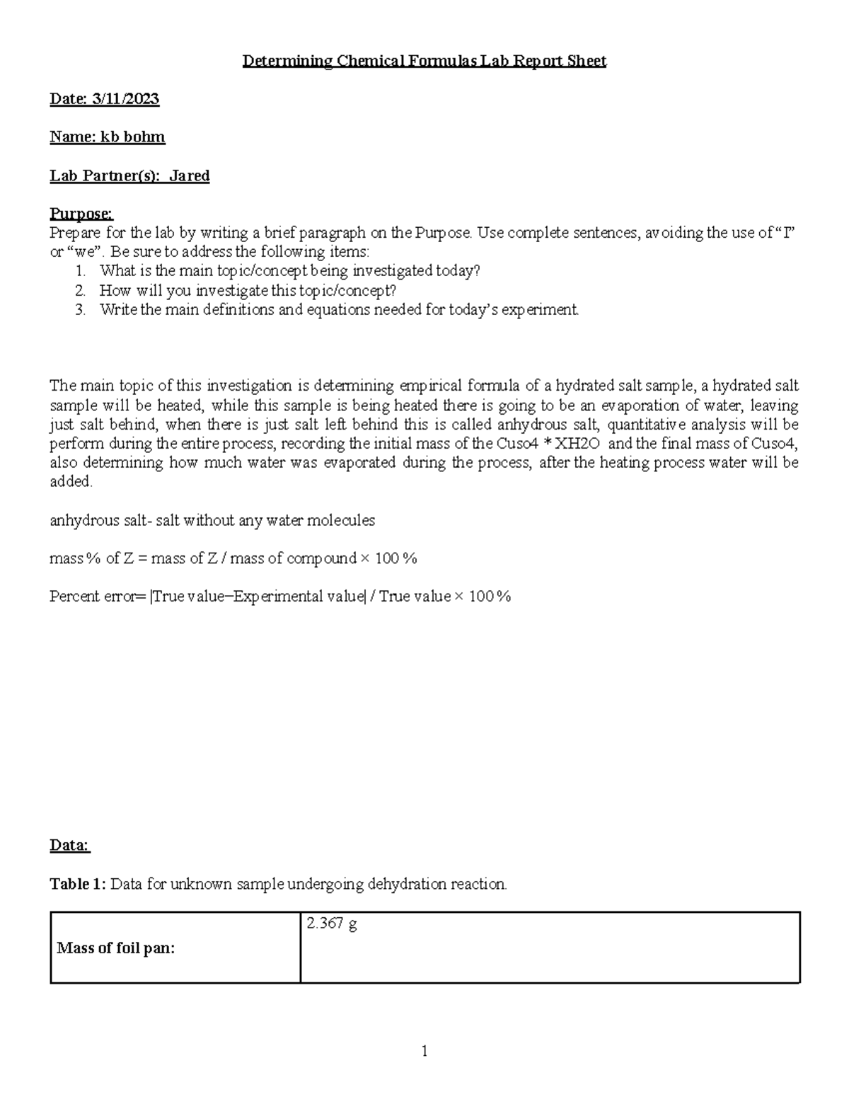 Determining Chemical Formulas Report Sheet - Determining Chemical ...