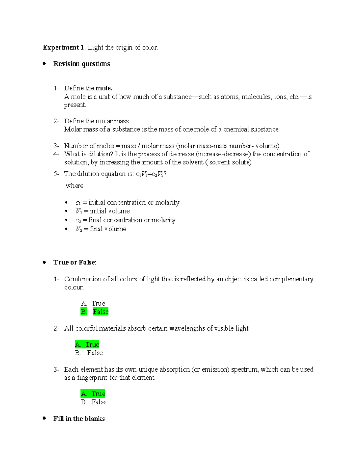 Exp 2 - ASA - Experiment 1. Light the origin of color. Revision ...