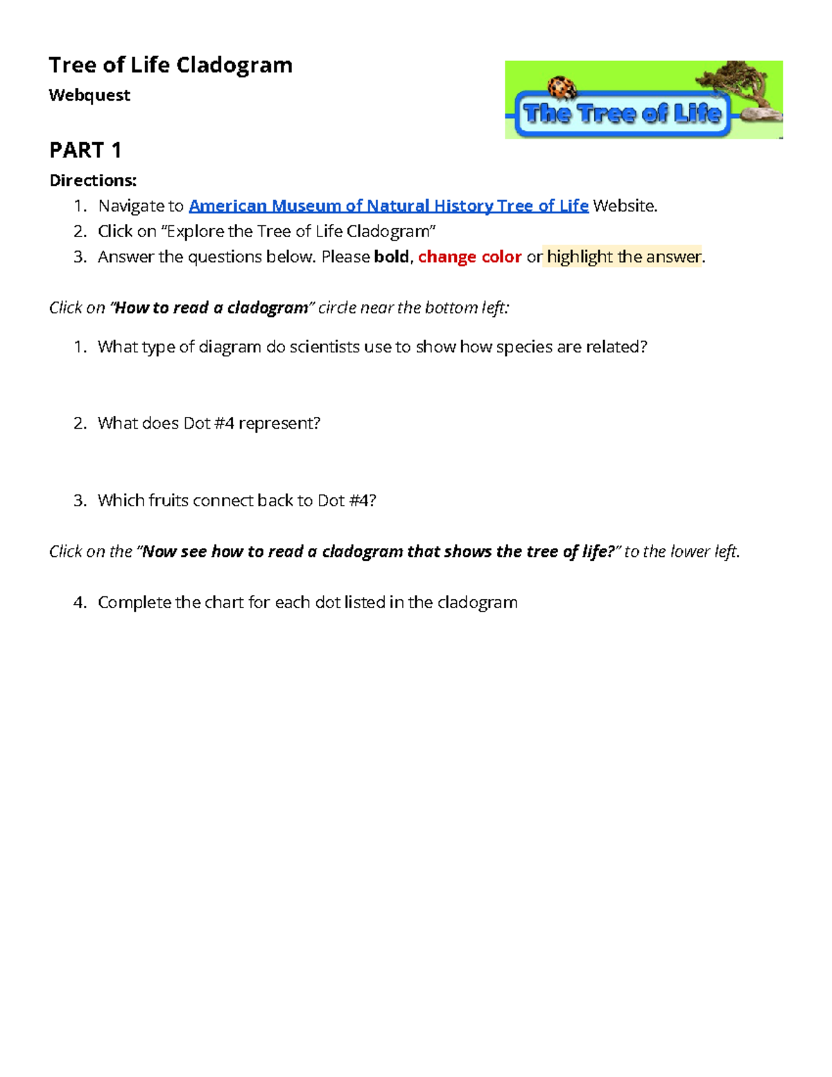 AS 8-2a - Tree of Life Cladogram Webquest - Tree of Life Cladogram ...