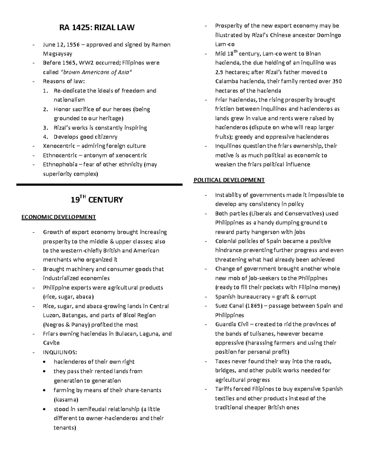 Rizal-prelims-reviewer - RA 1425: RIZAL LAW June 12, 1956 – approved ...