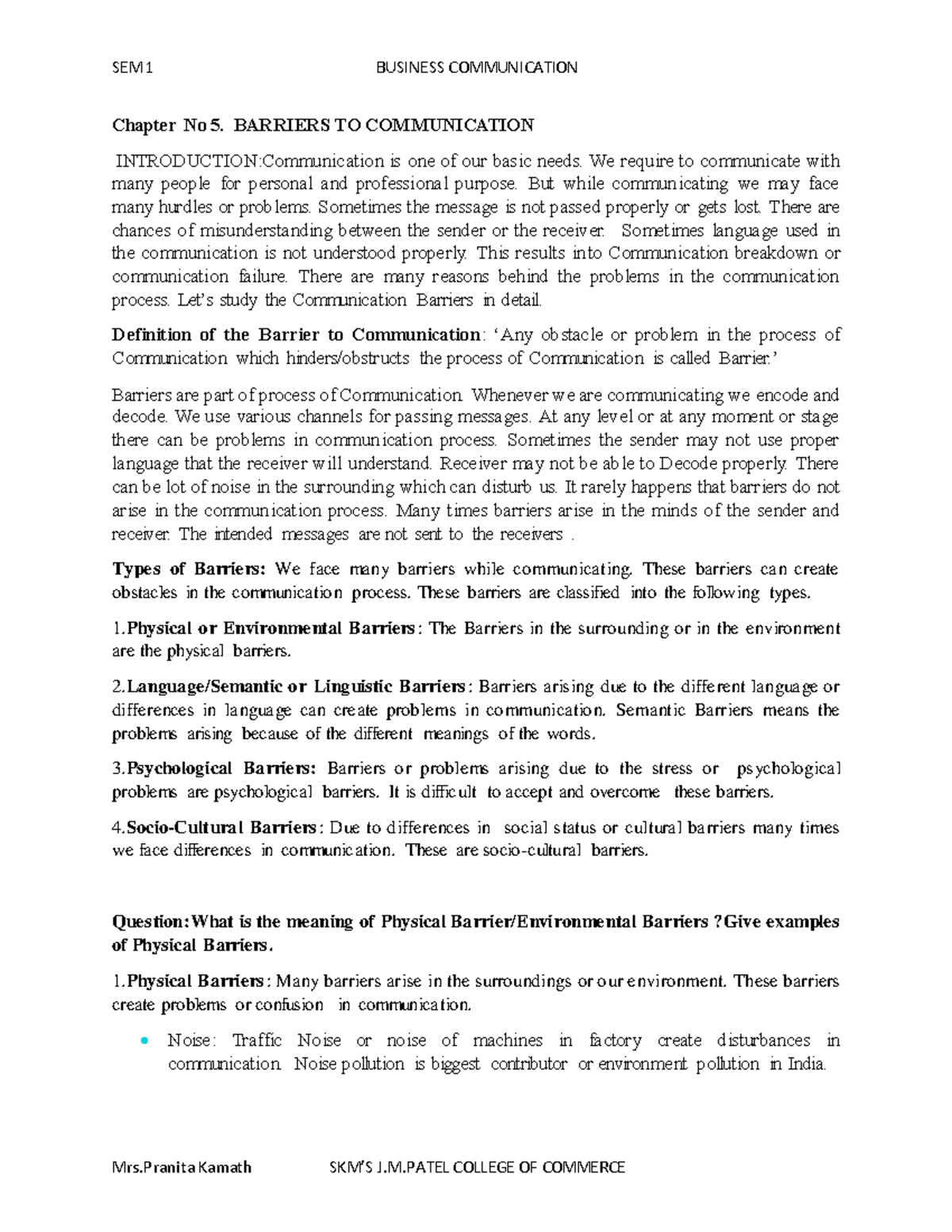 Barriers TO Communication-SEM 1 - Chapter No 5. BARRIERS TO ...