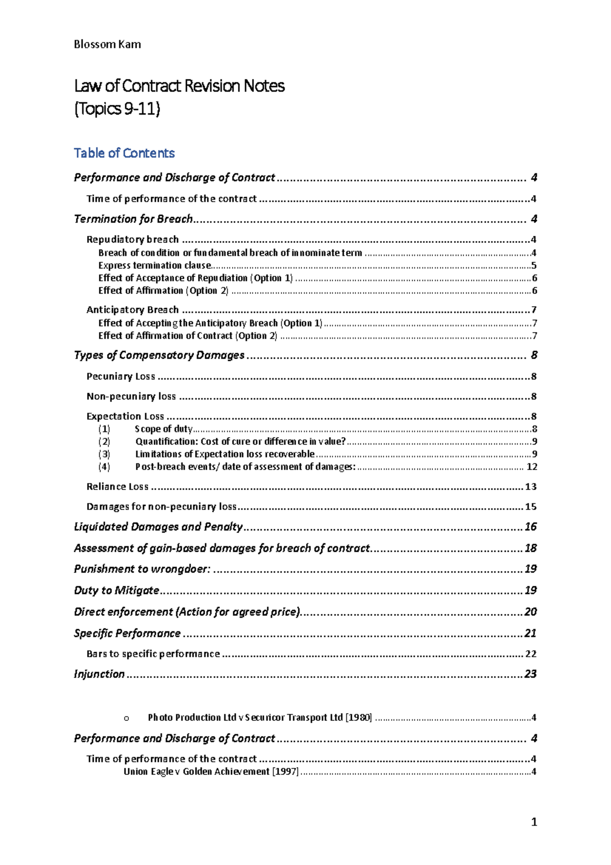 [Topics 9-11] Law of Contract Revision Notes - Law of Contract Revision ...