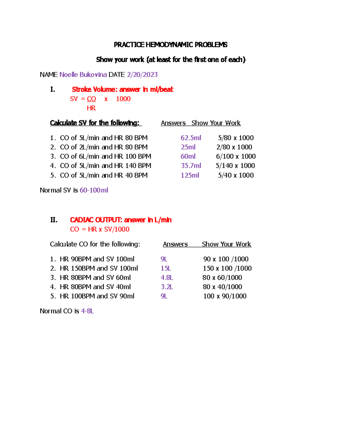 Practice Hemodynamic Problems docx - PRACTICE HEMODYNAMIC PROBLEMS Show ...