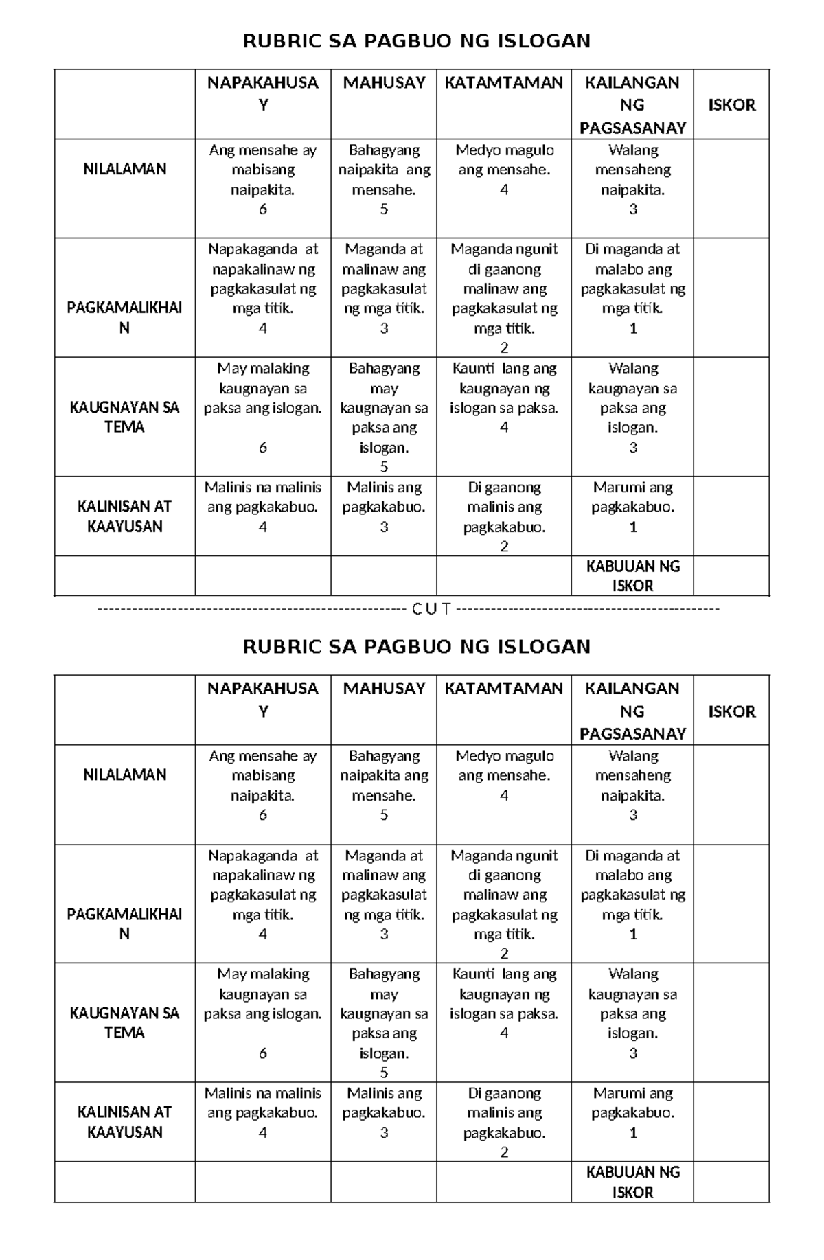 Rubric sa pagbuo ng islogan - RUBRIC SA PAGBUO NG ISLOGAN NAPAKAHUSA Y ...