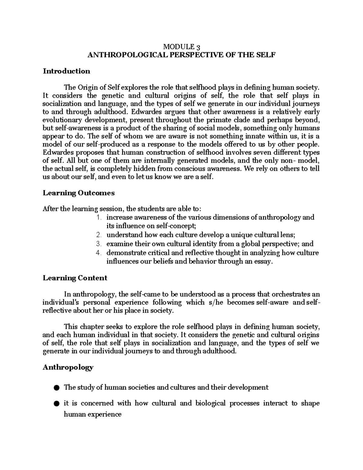Module 3 IN UTS - MODULE 3 ANTHROPOLOGICAL PERSPECTIVE OF THE SELF ...