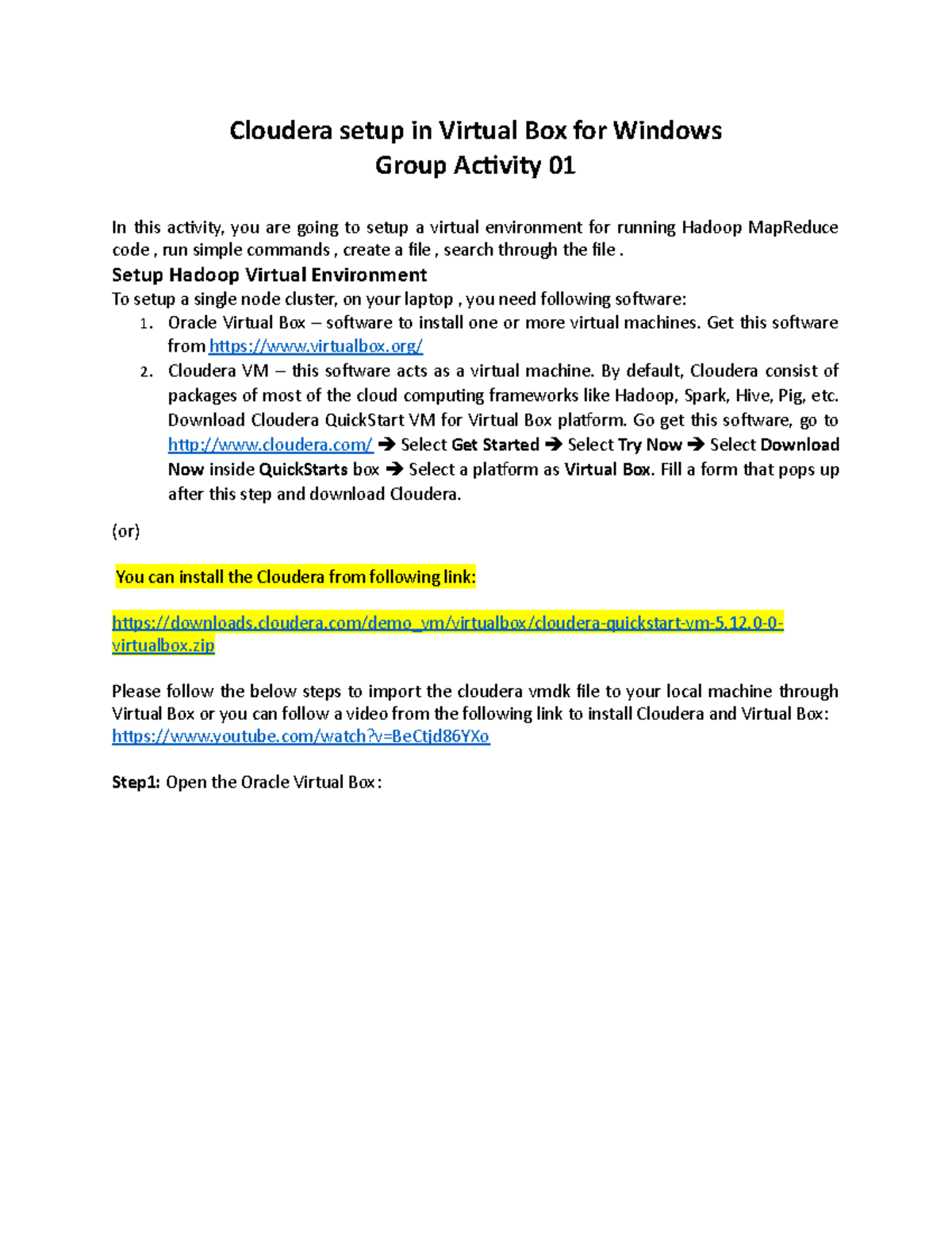 Group Activity 01 Clourera Installation Windows Cloudera Setup In