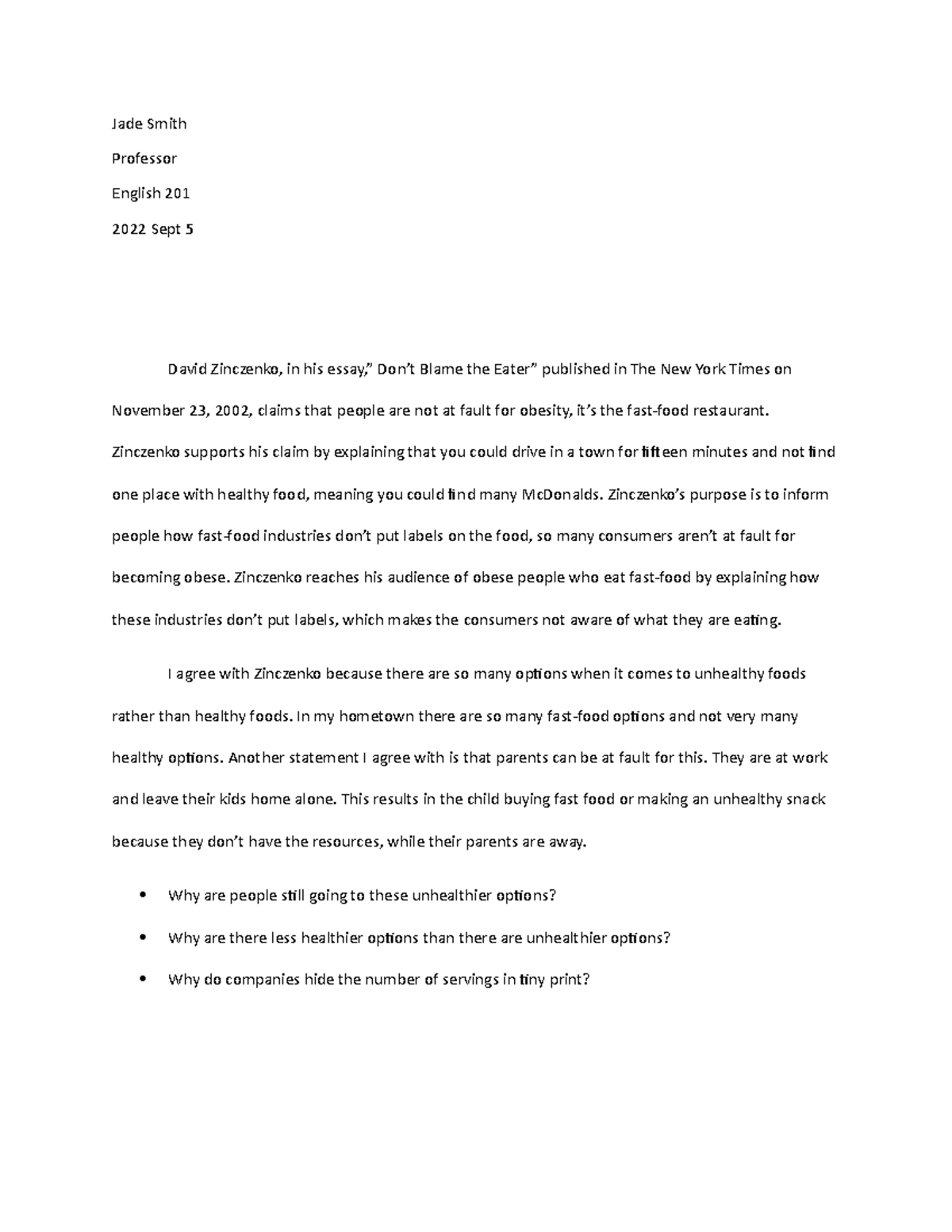 Summary and Response - heather coy - Jade Smith Professor English 201 ...