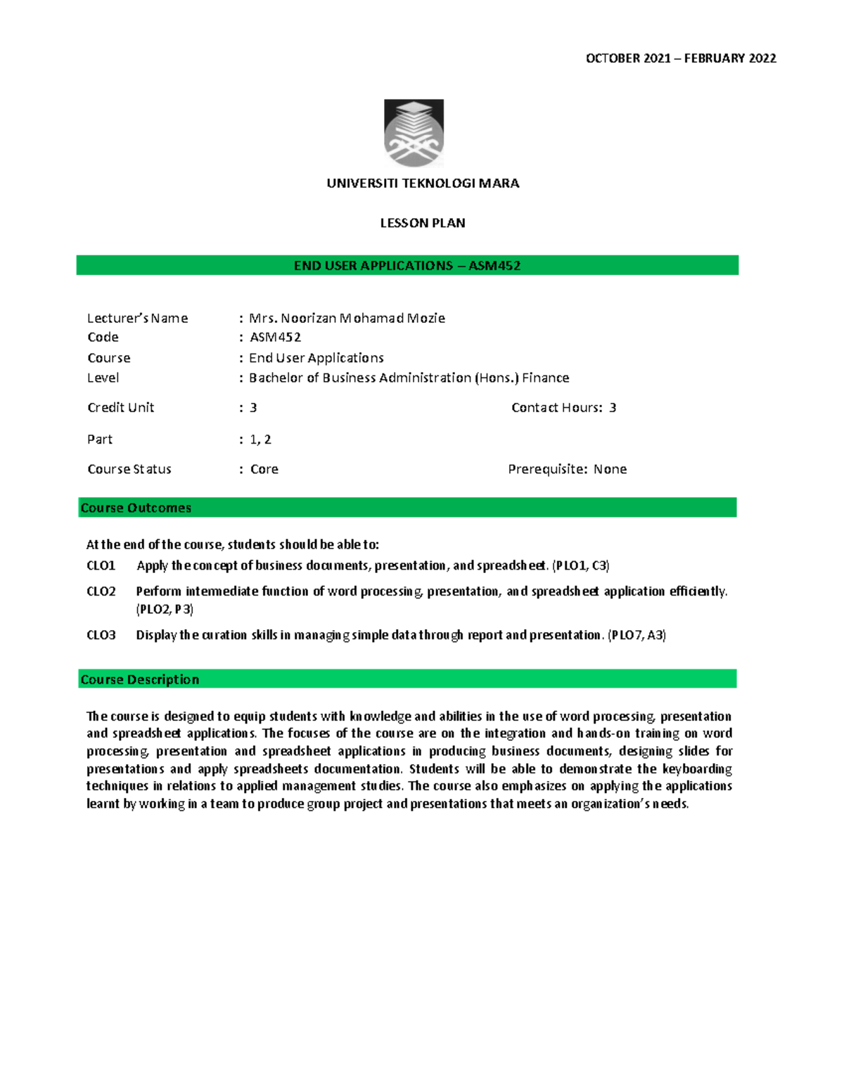 ASM452 - asm - UNIVERSITI TEKNOLOGI MARA LESSON PLAN END USER APPLICATIONS – ASM Lecturer’s Name ...