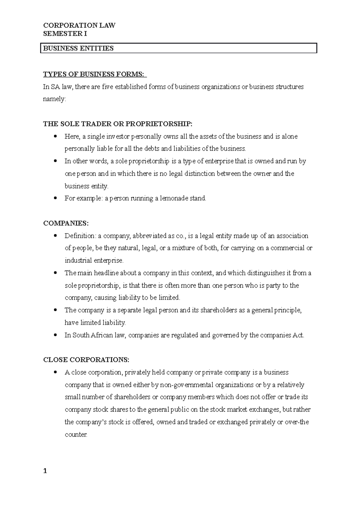 Corporation law note summaries including case law - SEMESTER I BUSINESS ...