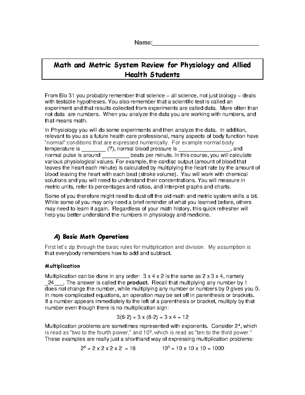 Math Review-1 - Name:________________________________ Math and Metric ...