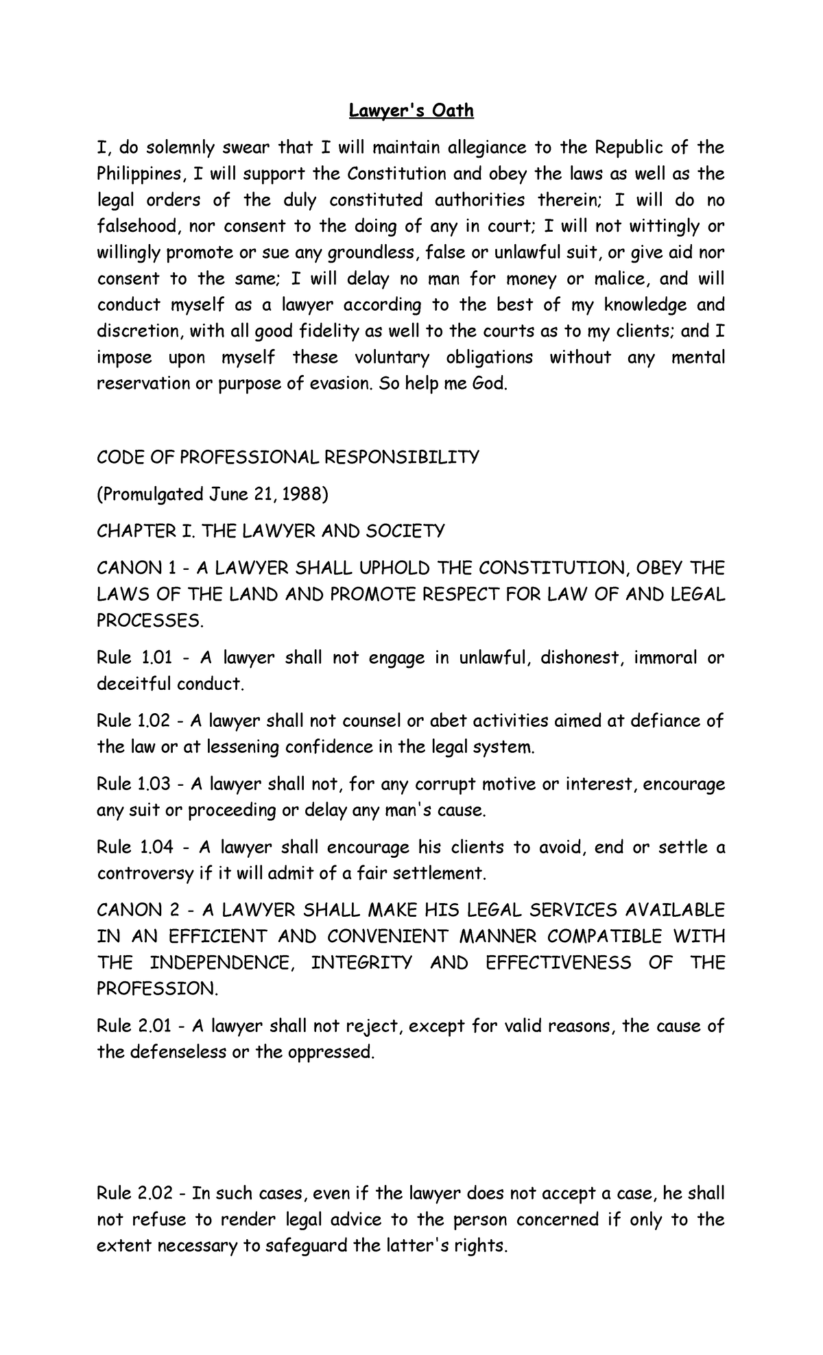 Lawyer's oath and Code of Professional Responsibility - Lawyer's Oath I ...