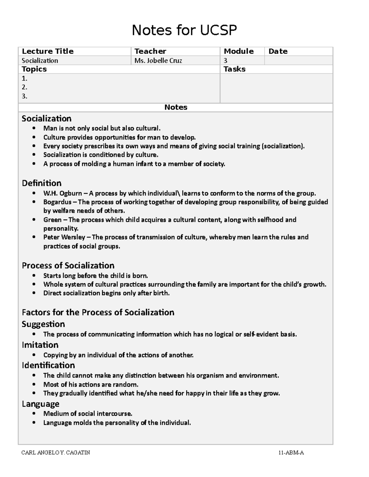 Socialization - Notes for UCSP Lecture Title Teacher Module Date ...