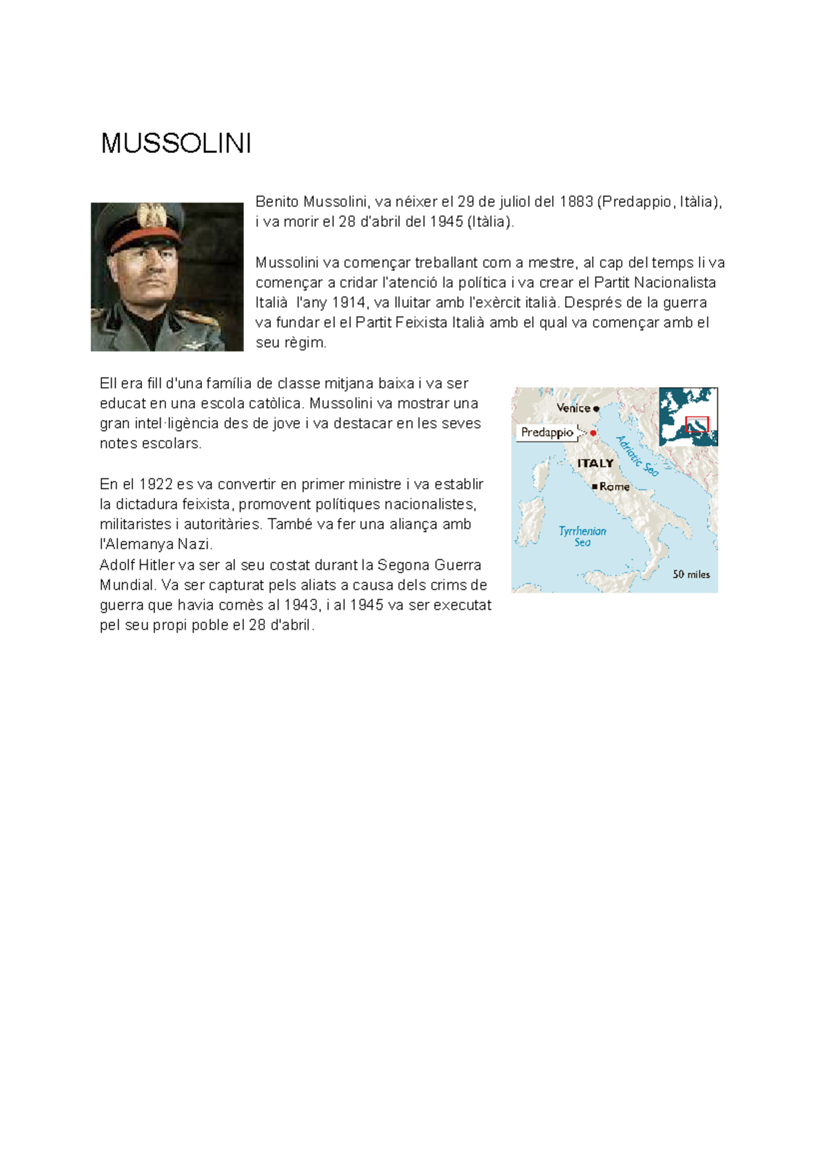 4 biografia mussolini - MUSSOLINI Benito Mussolini, va néixer el 29 de ...