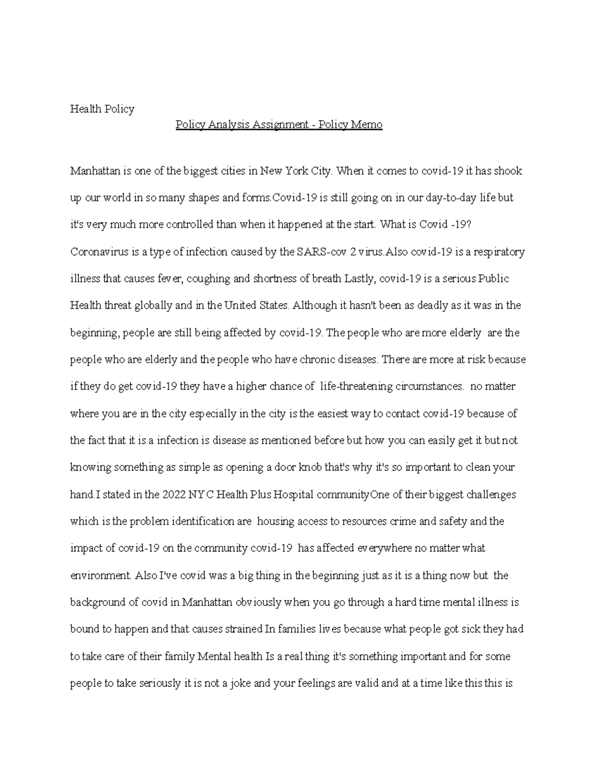 Policy Analysis Assignment - Policy Memo - Health Policy Policy ...