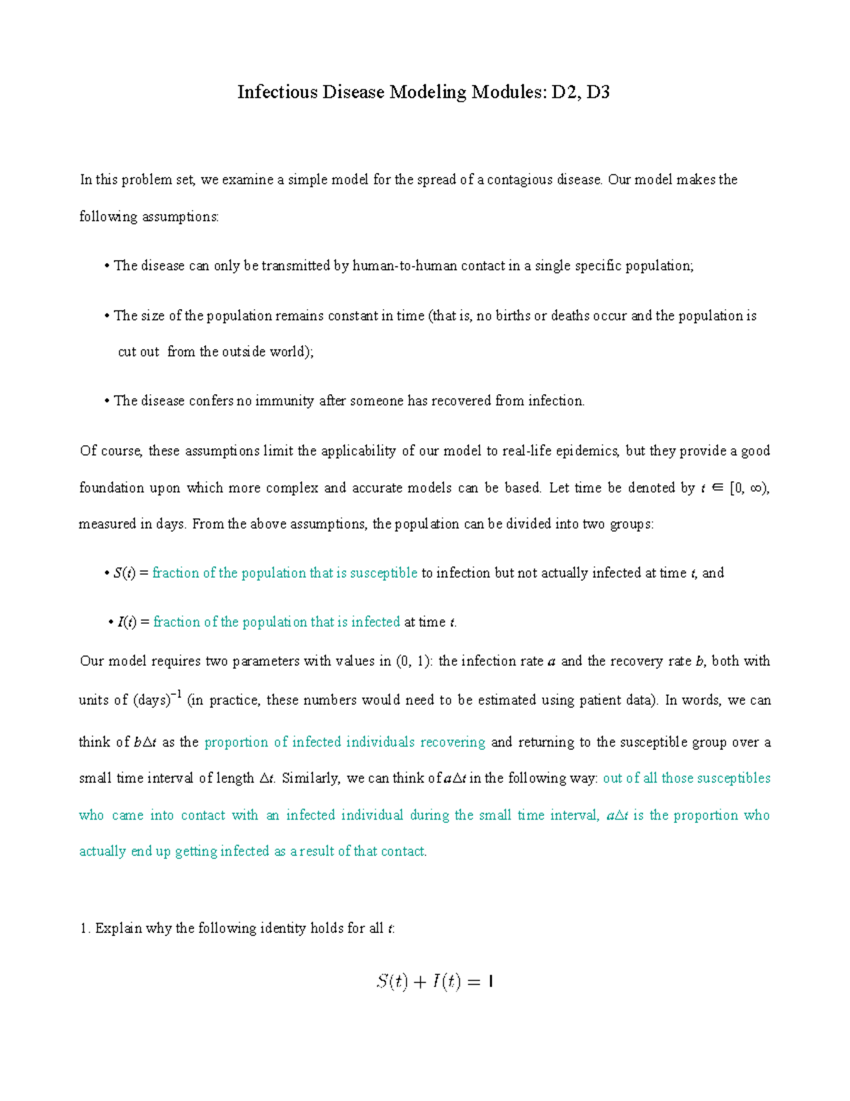 MAT186 Writing Task 3 - Infectious Disease Modeling Modules: D2, D In ...