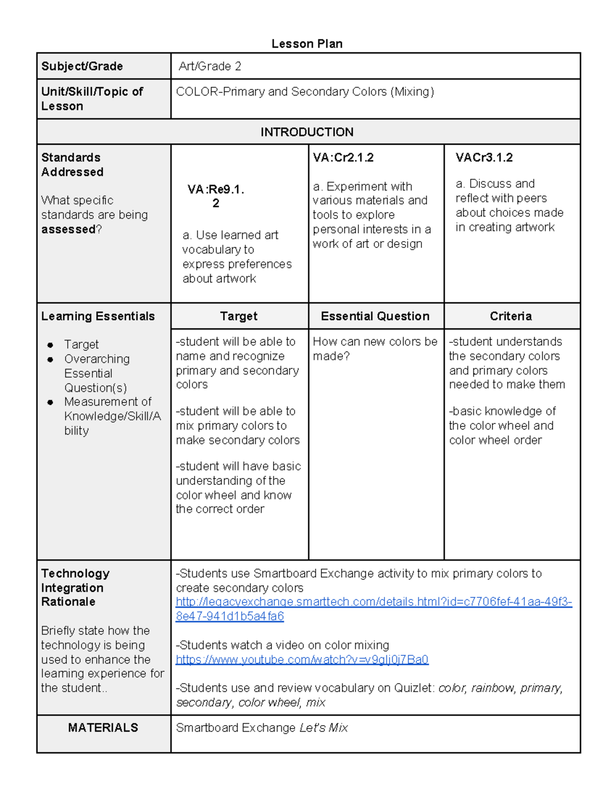 Grade 2 - Color - Primary and Secondary Colors Mixing - Lesson Plan ...