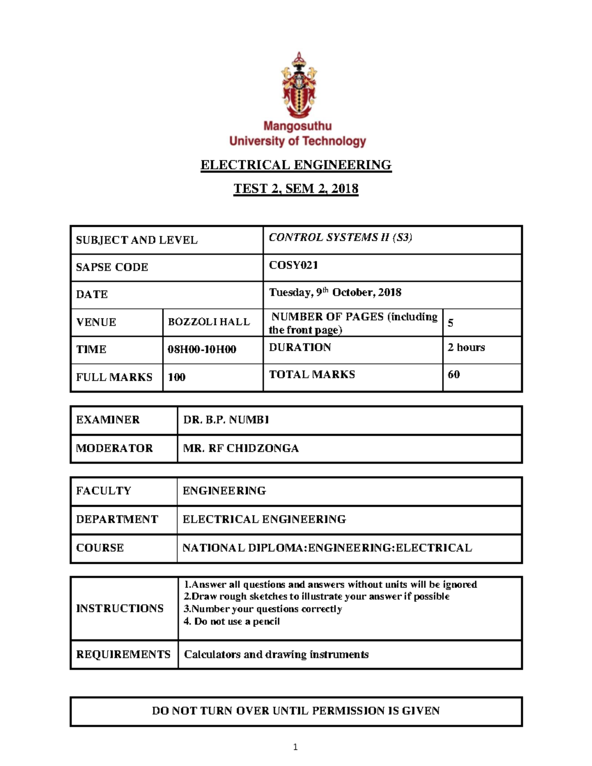 Test2-SEM2-2018-Control Systems 2 - ELECTRICAL ENGINEERING TEST 2, SEM ...
