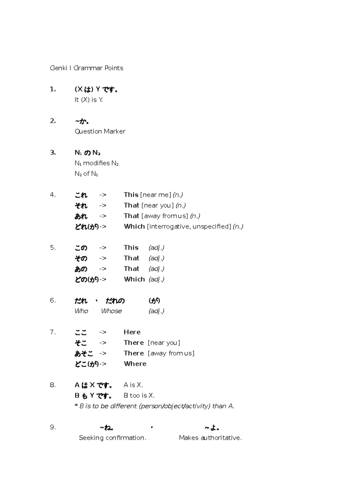 Genki i grammar points 13 12 31 - Genki I Grammar Points 1. (X は) Y です。 It (X) is Y. 2. ~か ...