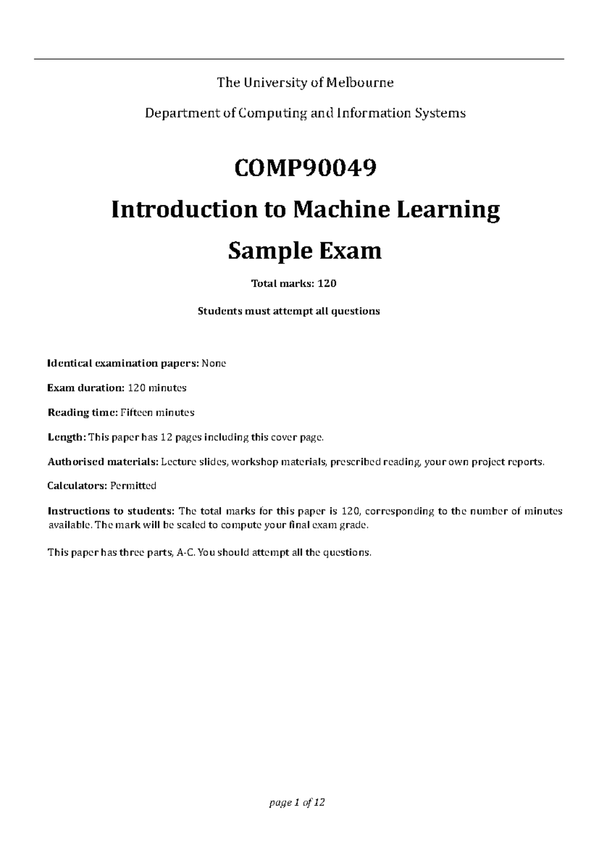 IML mock-exam 2 - Sample Paper - The University of Melbourne Department ...