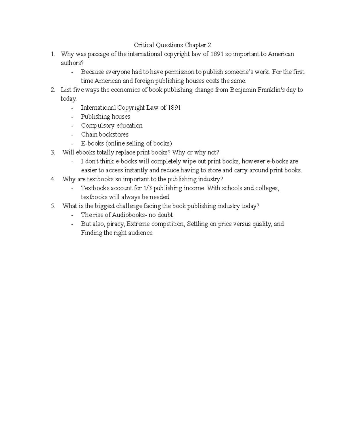 Critical Questions Chapter 2 - For the first time American and foreign ...