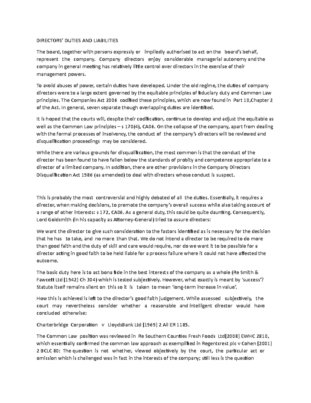 Directors - notes - DIRECTORS’ DUTIES AND LIABILITIES The board ...