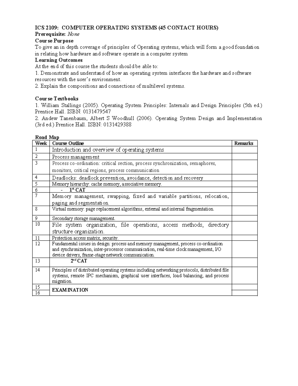 ICS 2202- Course Outline IN Weeks - ICS 2109: COMPUTER OPERATING ...