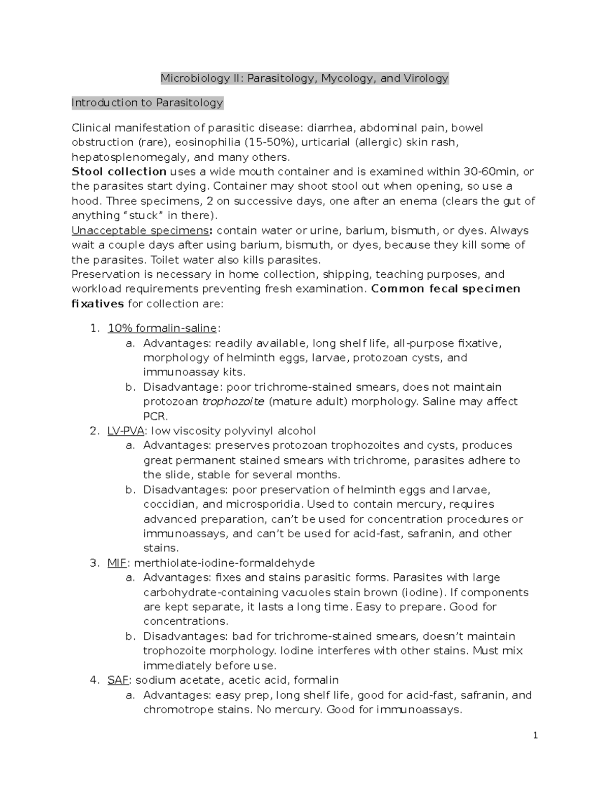 Microbiology II Summary - Microbiology II: Parasitology, Mycology, and ...