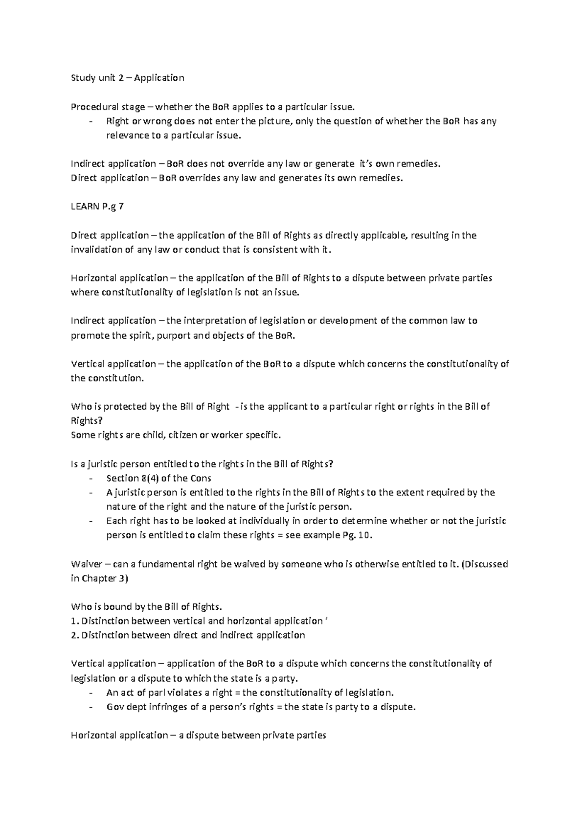 Study unit 2.pdf FUR2601 - Study unit 2 – Application Procedural stage – whether the BoR applies ...